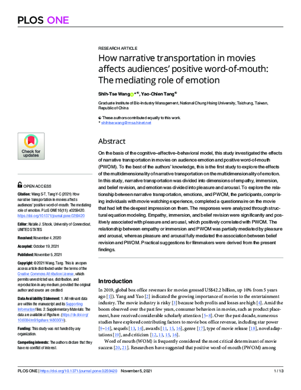 (PDF) How narrative transportation in movies affects audiences ...