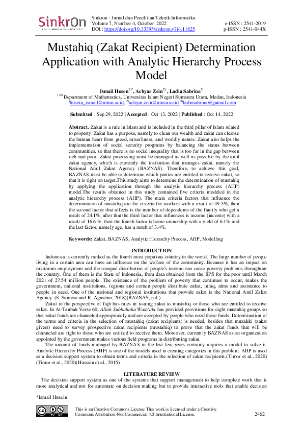 (PDF) Mustahiq (Zakat Recipient) Determination Application with Analytic Hierarchy Process Model