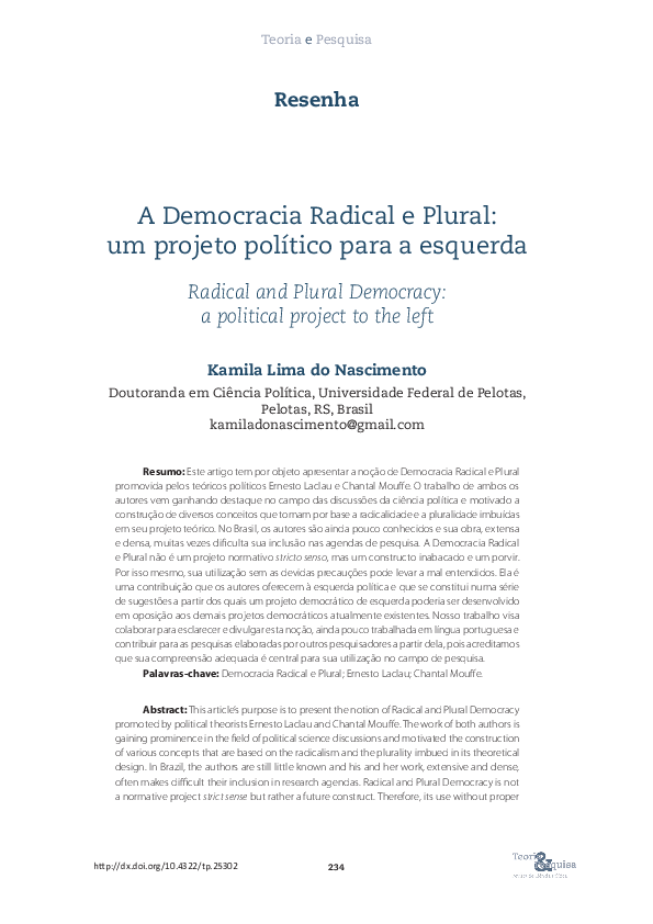 (PDF) A Democracia Radical e Plural: um projeto político para a esquerda