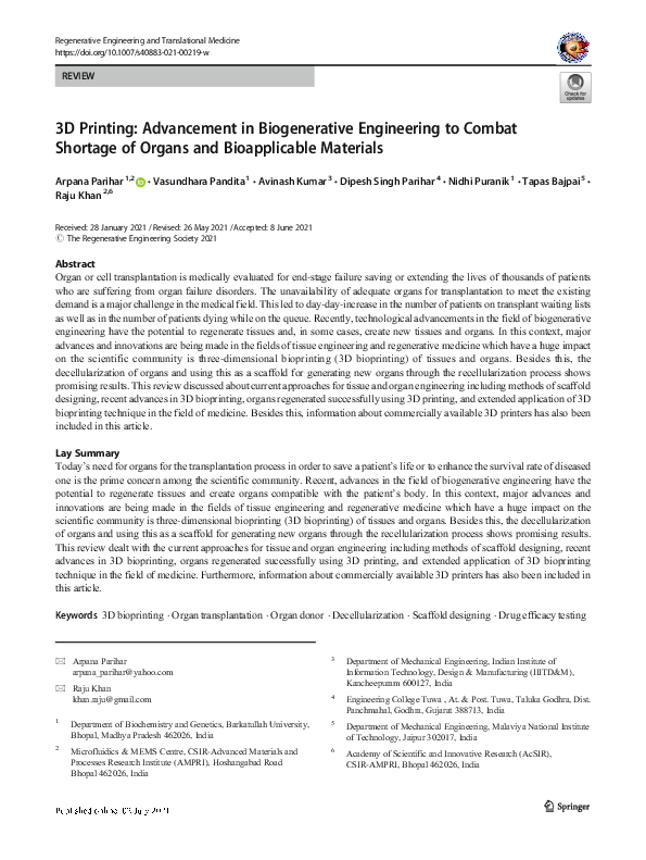 (PDF) 3D Printing: Advancement in Biogenerative Engineering to Combat ...