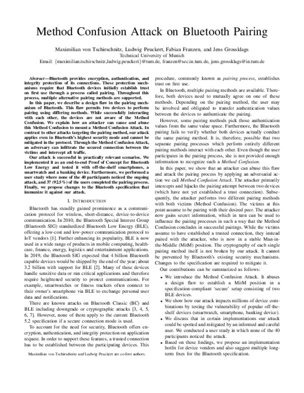 (PDF) Method Confusion Attack on Bluetooth Pairing
