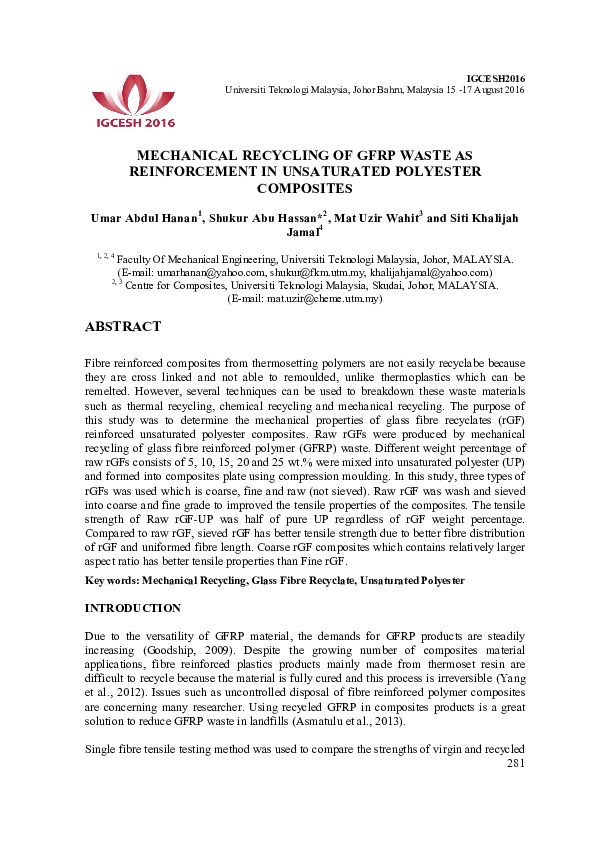 (PDF) Mechanical Recycling of GFRP Waste as Reinforcement in ...