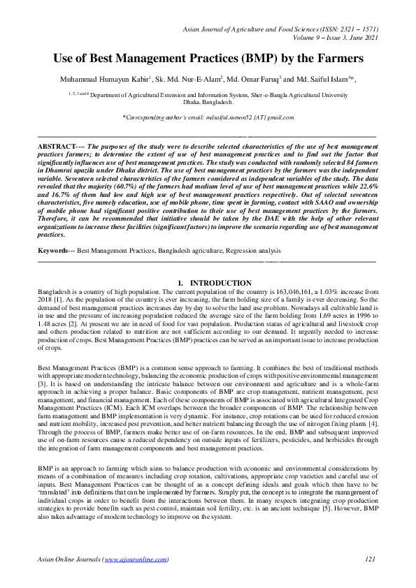 (PDF) Use of Best Management Practices (BMP) by the Farmers