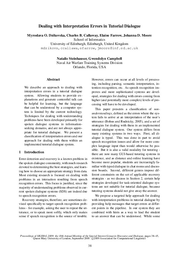 (PDF) Dealing with interpretation errors in tutorial dialogue