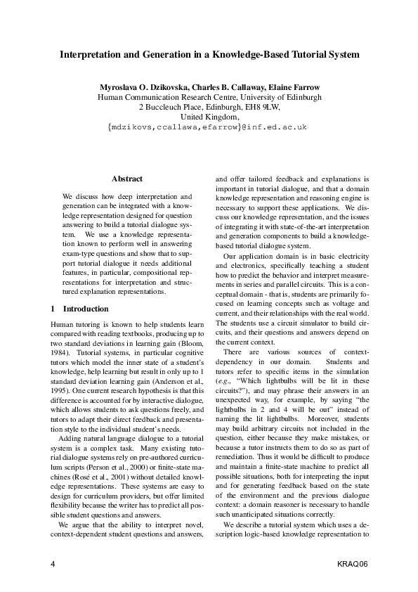 (PDF) Interpretation and generation in a knowledge-based tutorial system | Elaine Farrow ...