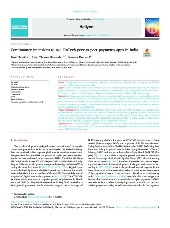 (PDF) Continuance intentions to use FinTech peer-to-peer payments apps in India