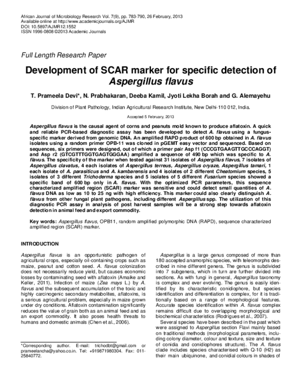 (PDF) Development of SCAR marker for specific detection of Aspergillus flavus | Dr. Jyoti Lekha ...
