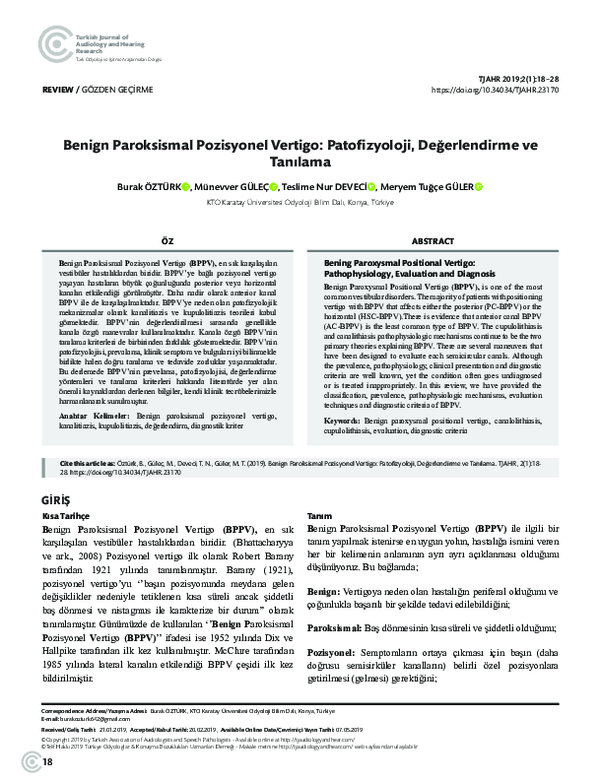 (PDF) Bening Paroxysmal Positional Vertigo:Pathophysiology, Evaluation ...