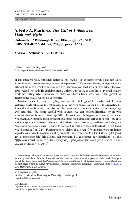 (PDF) Alberto A. Martinez: The Cult of Pythagoras: Math and Myths