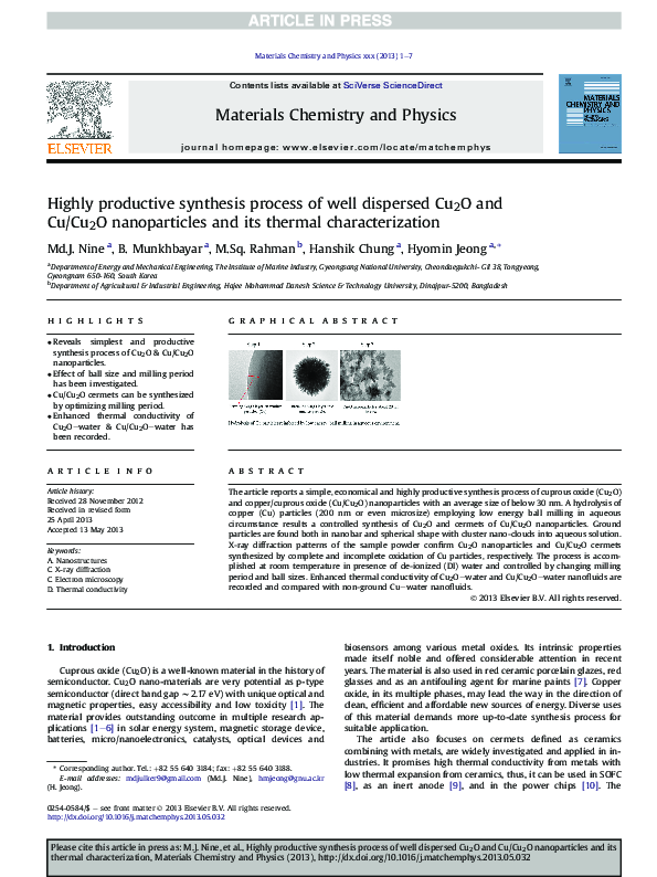 (PDF) Highly productive synthesis process of well dispersed Cu2O and Cu/Cu2O nanoparticles and ...