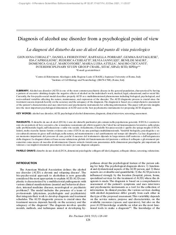 (PDF) Diagnosis of alcohol use disorder from a psychological point of view
