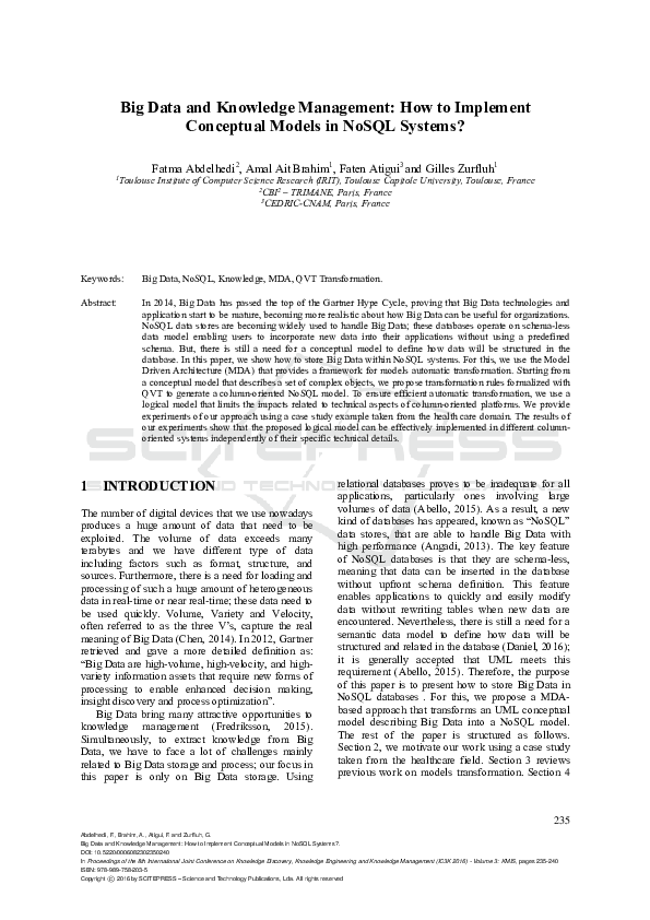 (PDF) Big Data and Knowledge Management: How to Implement Conceptual Models in NoSQL Systems?