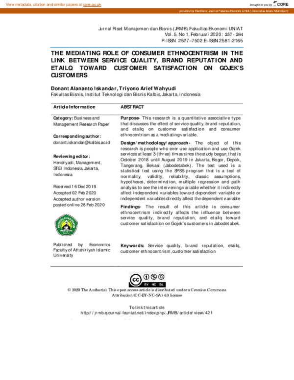 (PDF) The Mediating Role of Consumer Ethnocentrism in the Link Between Service Quality, Brand ...