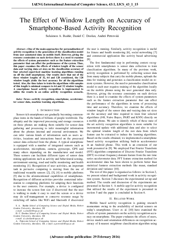 (PDF) The effect of window length on accuracy of smartphone-based activity recognition