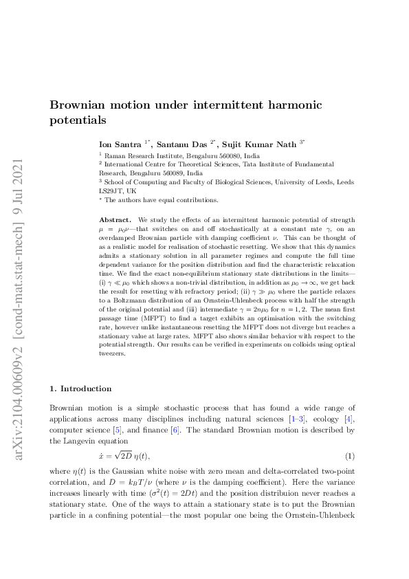 (PDF) Brownian motion under intermittent harmonic potentials