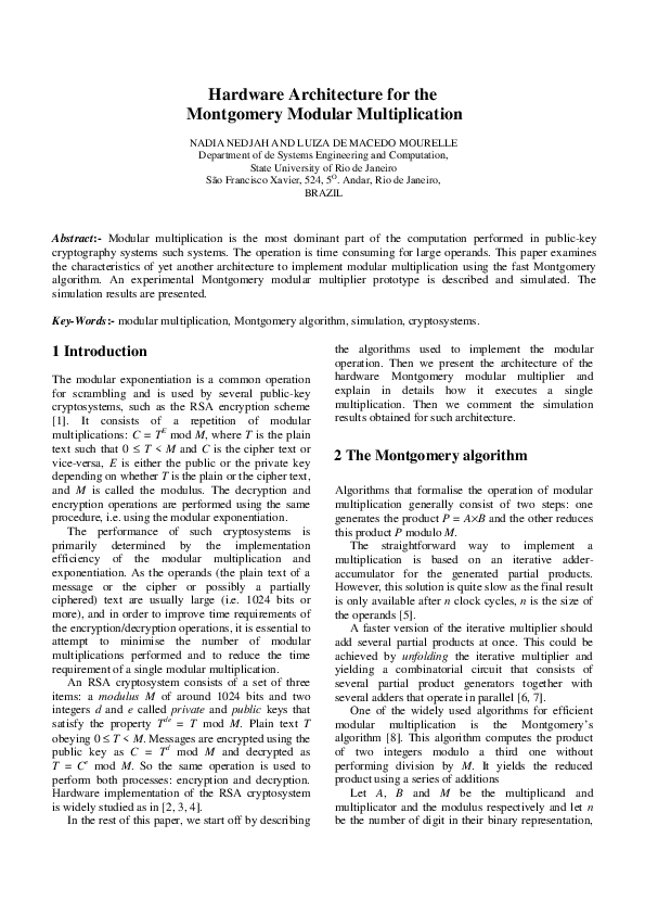 Pdf Hardware Architecture For The Montgomery Modular Multiplication L Mourelle