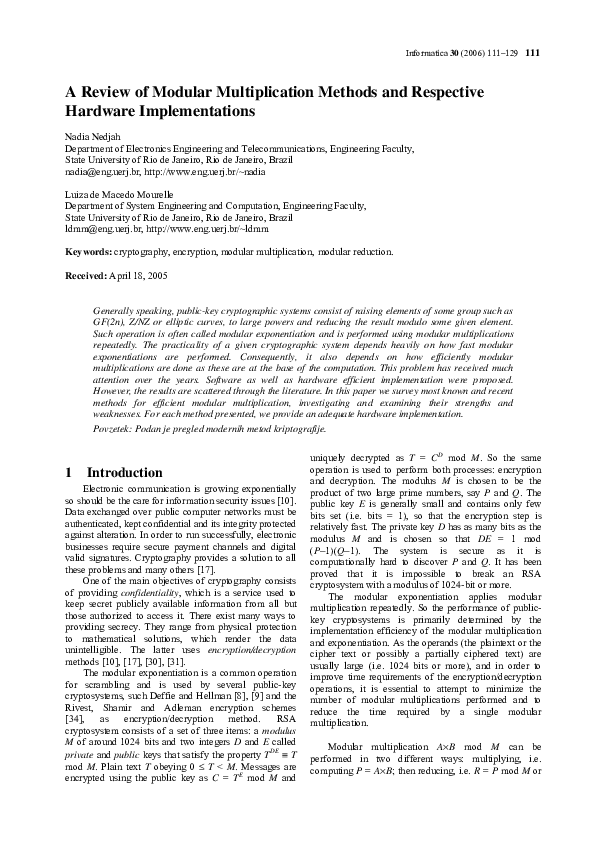 (PDF) A review of modular multiplication methods and respective ...