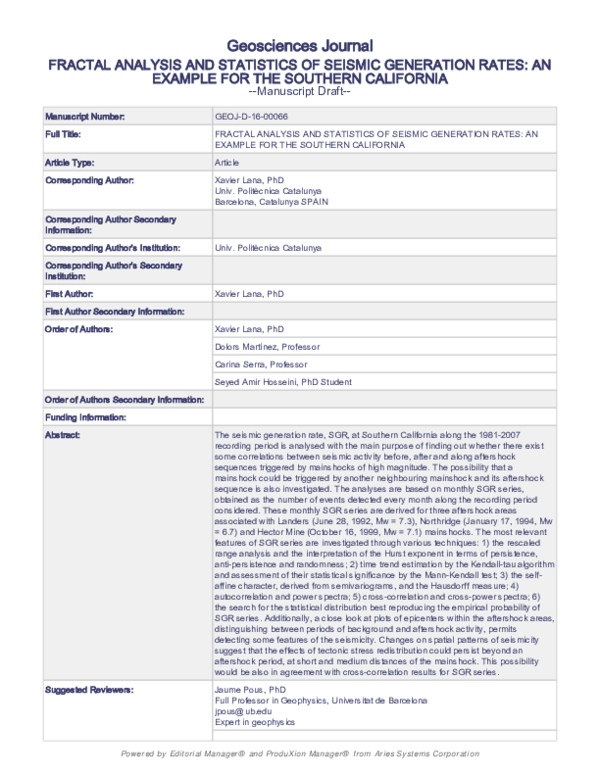 (PDF) Fractal analysis and statistics of seismic generation rates: the ...