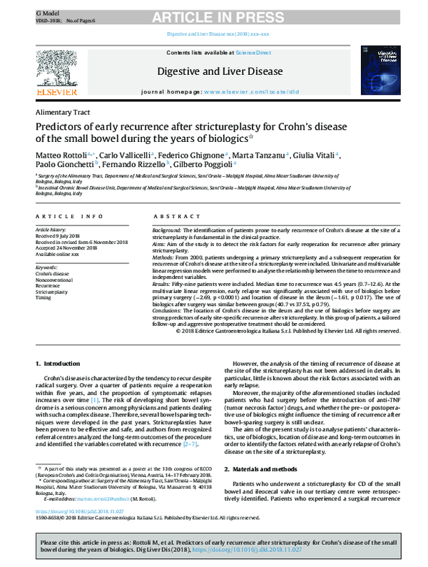 (PDF) Predictors of early recurrence after strictureplasty for Crohn’s ...
