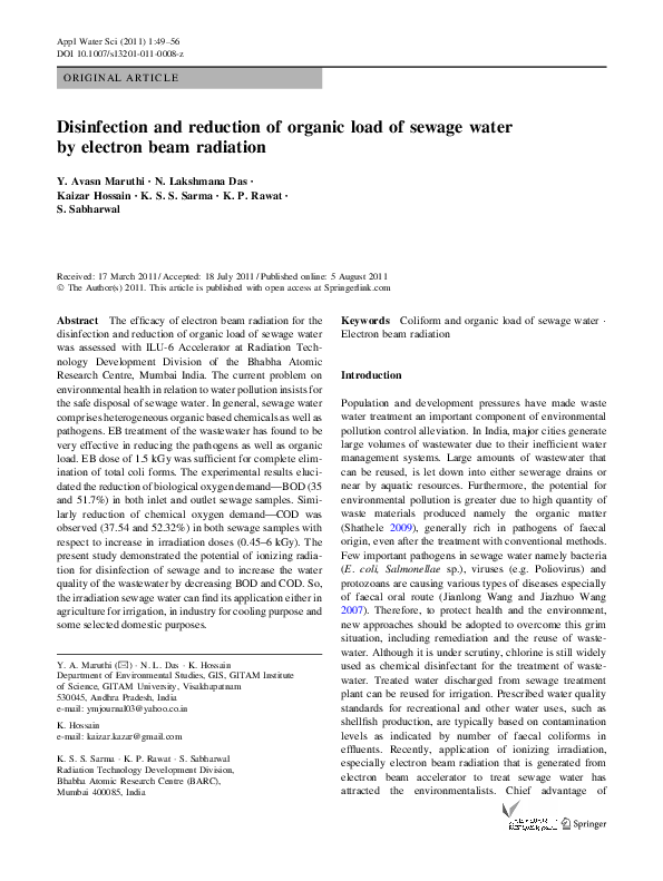 (PDF) Disinfection and reduction of organic load of sewage water by ...