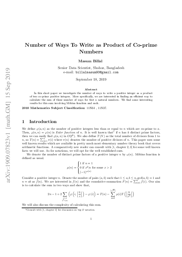(PDF) Number of Ways To Write as Product of Co-prime Numbers