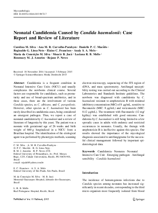 (PDF) Neonatal Candidemia Caused by Candida haemulonii: Case Report and ...