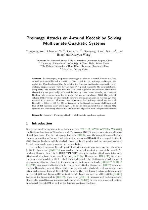 (PDF) Preimage Attacks on 4-round Keccak by Solving Multivariate ...