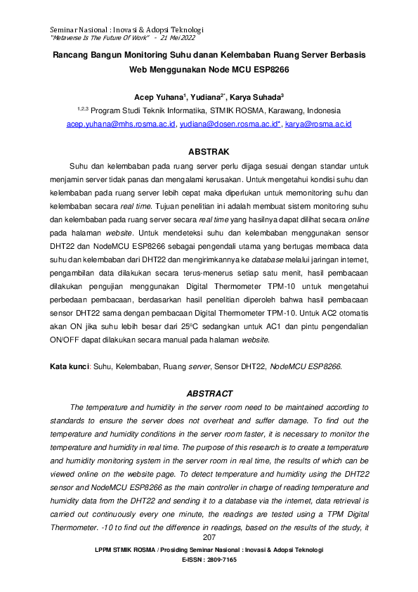 (PDF) Rancang Bangun Monitoring Suhu danan Kelembaban Ruang Server ...
