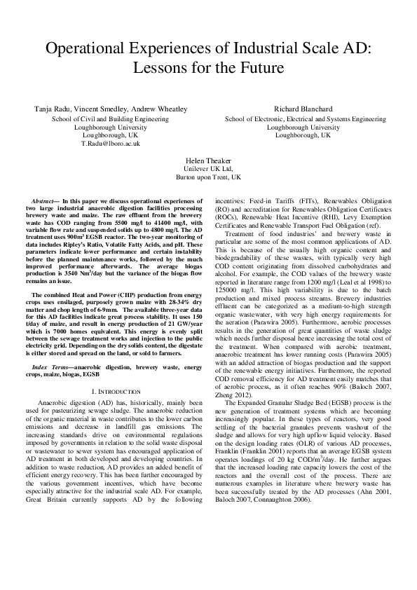 (PDF) Operational experiences of industrial scale AD: Lessons for the ...