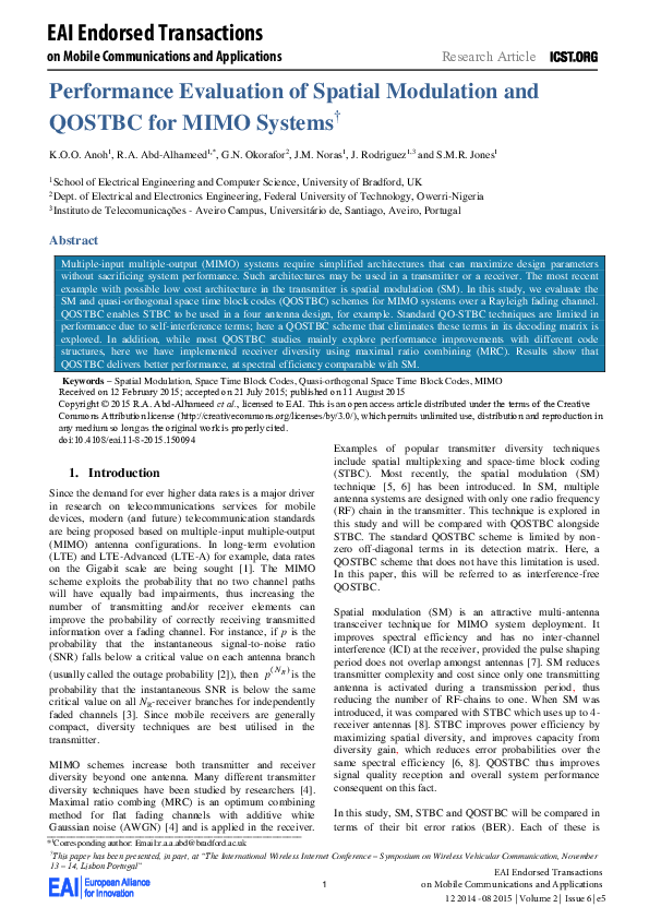 (PDF) Performance Evaluation of Spatial Modulation and QOSTBC for MIMO Systems