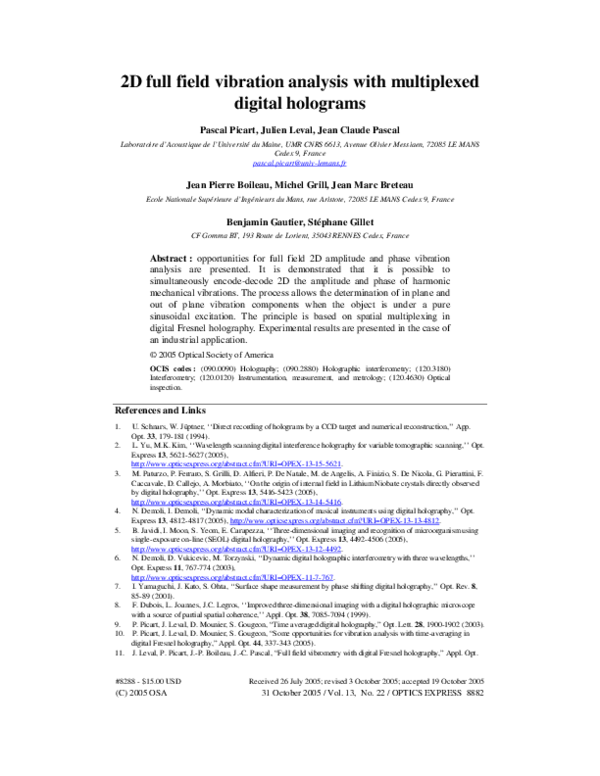 (PDF) 2D full field vibration analysis with multiplexed digital holograms | Pascal Picart ...