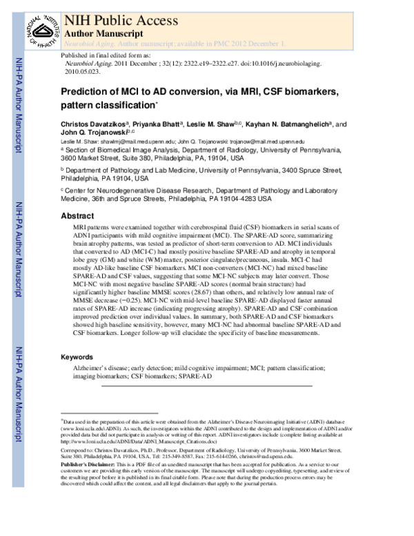 (PDF) Prediction of MCI to AD conversion, via MRI, CSF biomarkers, and pattern classification ...