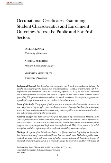 (PDF) Occupational Certificates: Examining Student Characteristics and ...