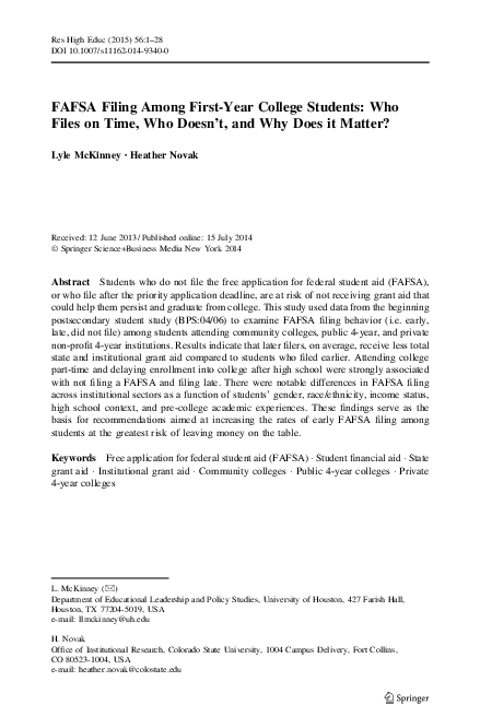 (PDF) FAFSA Filing Among First-Year College Students: Who Files on Time ...