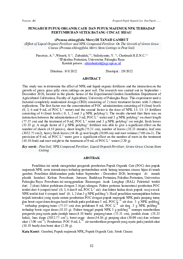 (PDF) Pengaruh Pupuk Organik Cair Dan Pupuk Majemuk NPK Terhadap Pertumbuhan Setek Batang Cincau ...