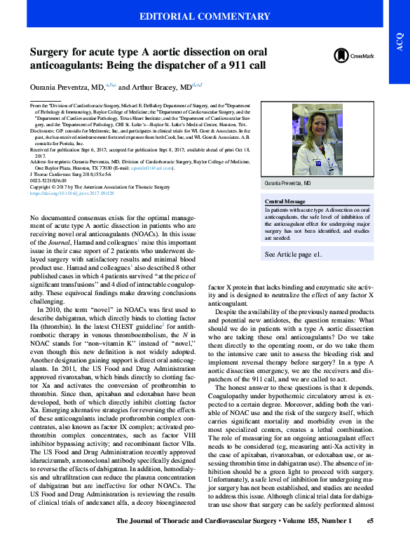 (PDF) Surgery for acute type A aortic dissection on oral anticoagulants ...