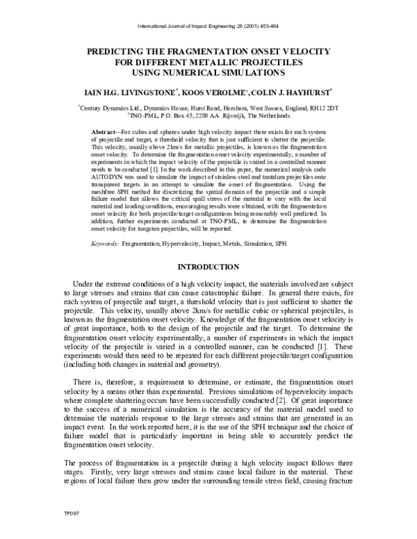 Pdf Predicting The Fragmentation Onset Velocity For Different Metallic Projectiles Using
