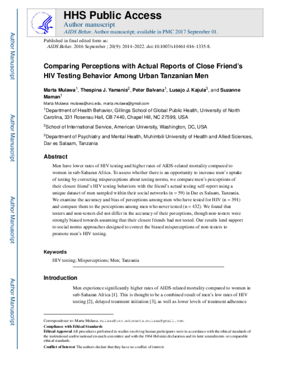 (PDF) Comparing Perceptions with Actual Reports of Close Friend’s HIV ...