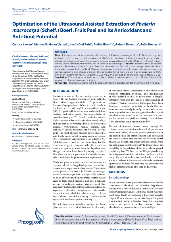 (PDF) Optimization of the Ultrasound Assisted Extraction of Phaleria macrocarpa (Scheff.) Boerl ...