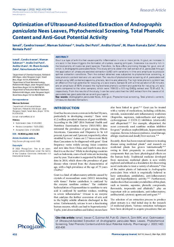 Pdf Optimization Of Ultrasound Assisted Extraction Of Andrographis Paniculata Nees Leaves