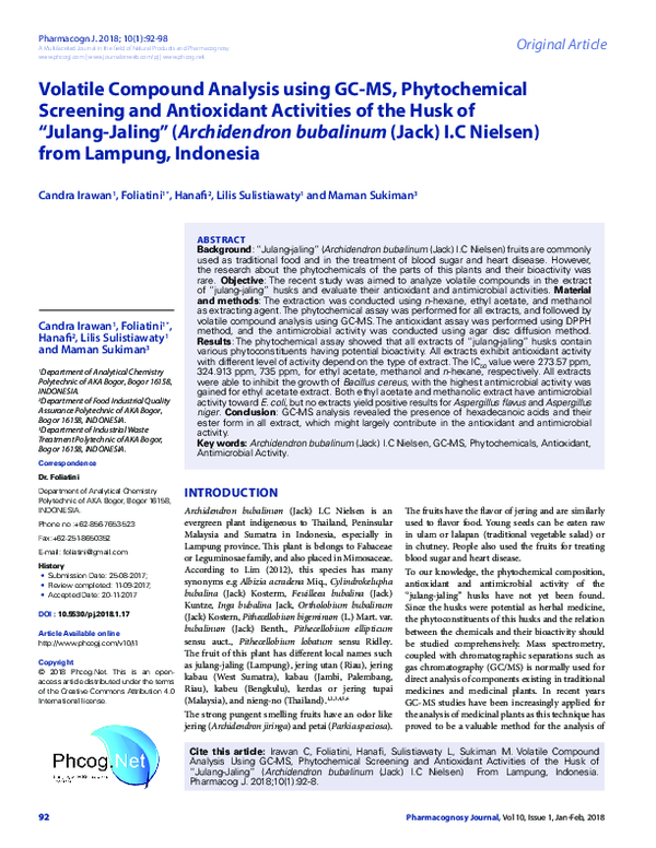 (PDF) Volatile Compound Analysis using GC-MS, Phytochemical Screening and Antioxidant Activities ...