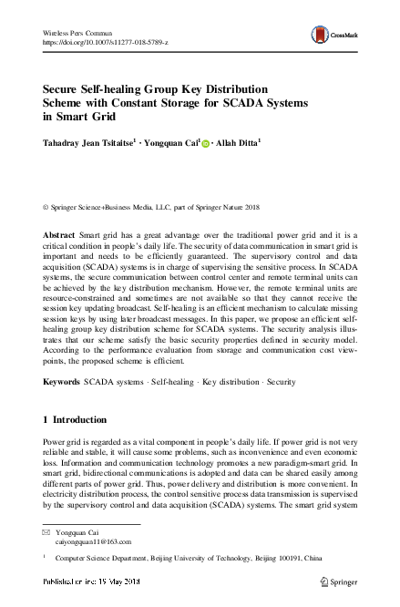 (PDF) Secure Self-healing Group Key Distribution Scheme with Constant Storage for SCADA Systems ...