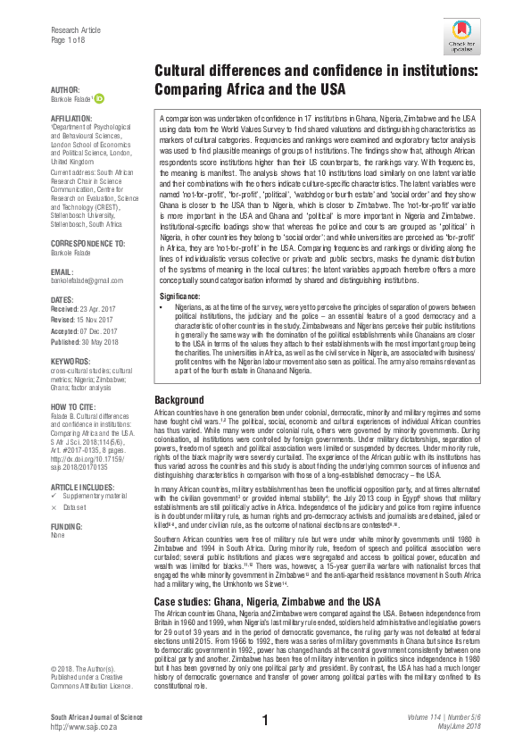 (PDF) Cultural differences and confidence in institutions: Comparing ...