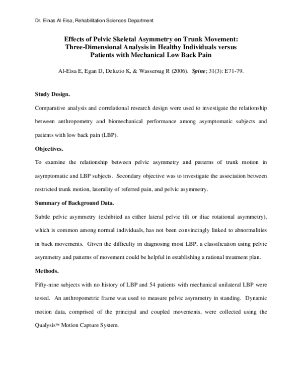 (PDF) Effects of Pelvic Skeletal Asymmetry on Trunk Movement