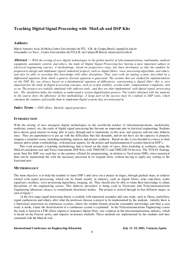 (PDF) Digital signal processing with matlab and DSP kits