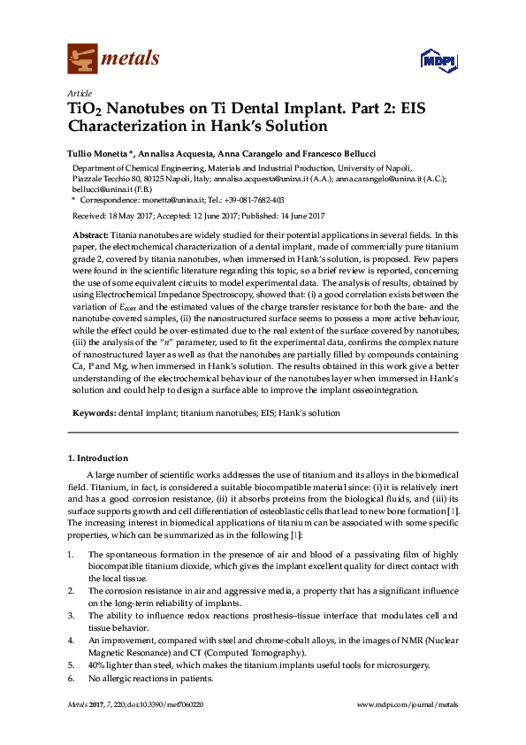 (PDF) EIS Characterization of TiO2 Nanotubes on Titanium Implants