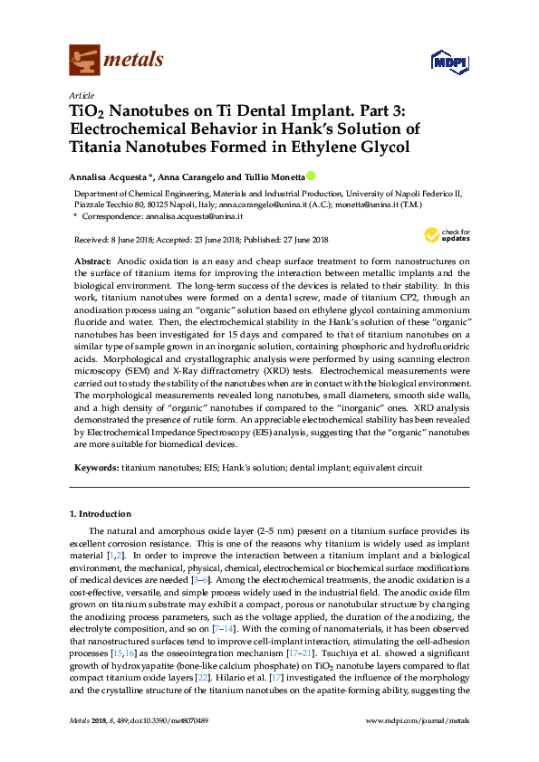 (PDF) TiO2 Nanotubes on Ti Dental Implant. Part 3: Electrochemical ...