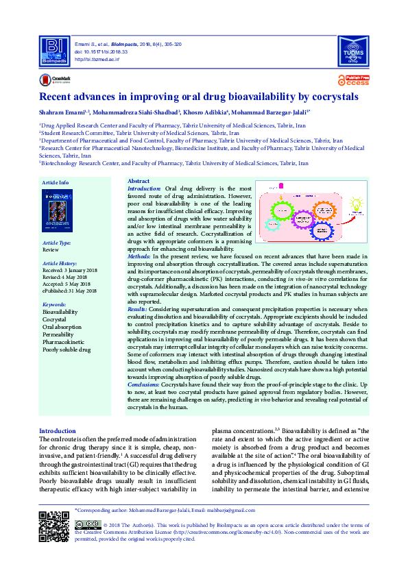 (PDF) Recent advances in improving oral drug bioavailability by cocrystals