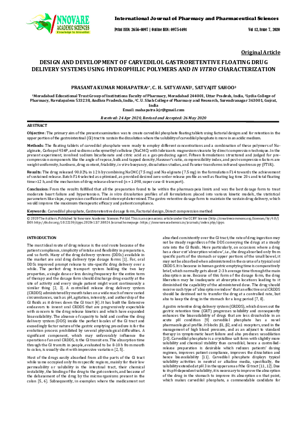 (PDF) The DESIGN AND DEVELOPMENT OF CARVEDILOL GASTRORETENTIVE FLOATING ...