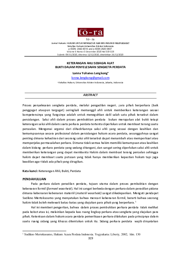 (PDF) KETERANGAN AHLI SEBAGAI ALATBUKTI DALAM PENYELESAIAN SENGKETA PERDATA